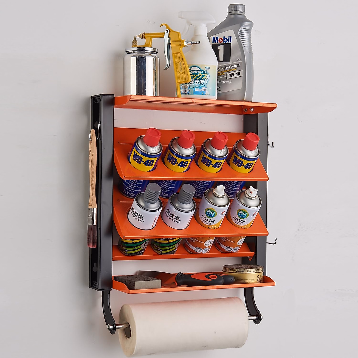 Wallmaster Spray Can Holder, Lube Can Wall Mount Storage Rack Heavy Duty Paint Bottle Organizer for Garage & Home | 8 Can Holes & 2 Shelf