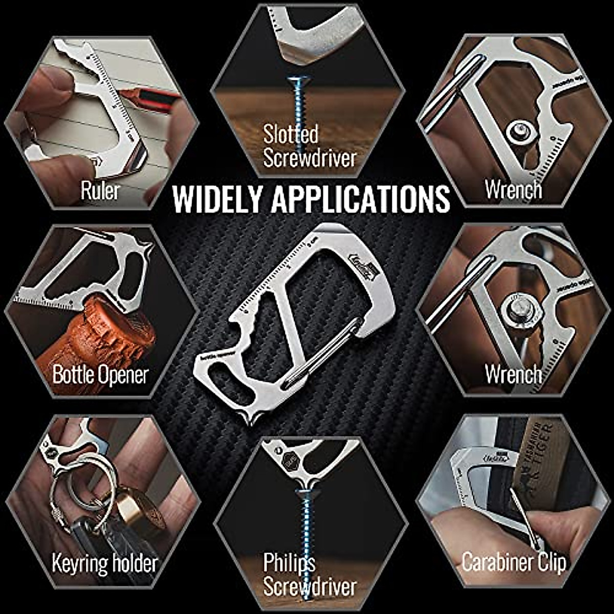 KeyUnity KS00 Carabiner Clip Multitool Stainless Steel 7 Tools in 1 | Quick Release Clasp | Wrench | Philips Screwdriver | Slotted Screwdriver | Bottle Opener | Ruler | Key Holder (Silver)