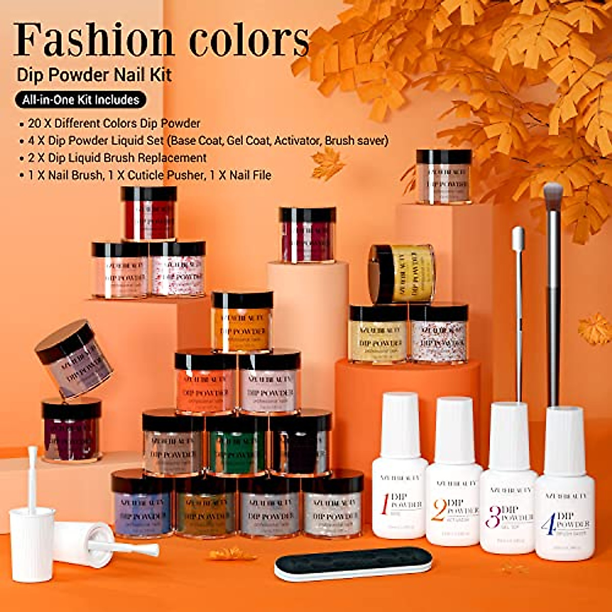AZUREBEAUTY 29 Pcs Dip Powder Nail Kit Starter, Fall Limited Orange Glitter Red Green 20 Colors Acrylic Dipping Powder Liquid Set with Base/Top Coat for French Nails Art Manicure Beginner DIY Salon