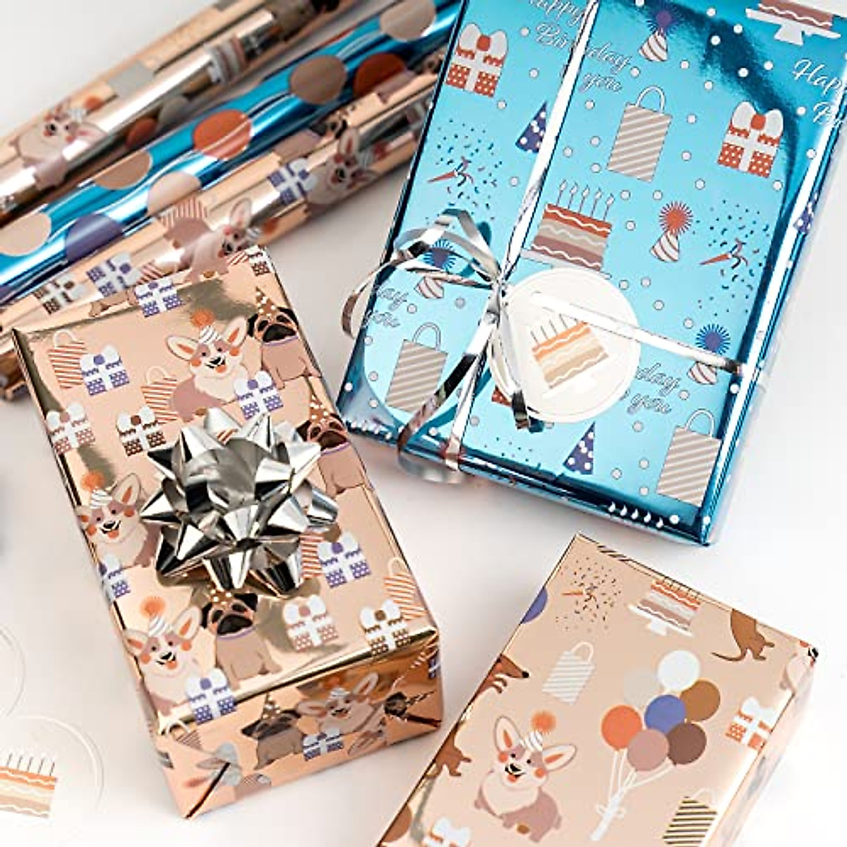 WRAPAHOLIC Birthday Wrapping Paper Roll - Adorable Dogs and Colorful Balloons with Metallic Foil Shine - 4 Rolls - 30 Inch X 120 Inch Per Roll