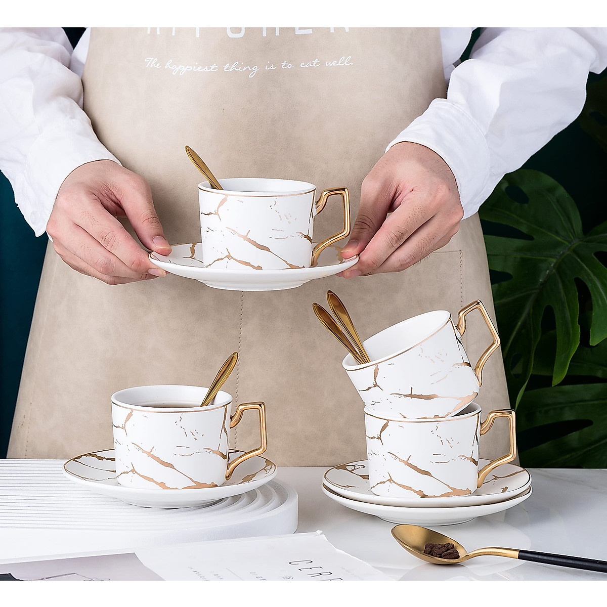 Jusalpha Serve of 4- Hand Printed Golden Matte Ceramic Marble Tea Coffee/Tea Cups with Spoons and Cup Holder, 7OZ -TCS26 (White/Gold, Serve of 4)