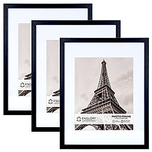 ENGLORY 11x14 Picture Frame Black Set of 3, Made of composite wood and Real Glass, Display 8x10 with Mat or 11x14 Without Mat, 11 x 14 Photo Frames for Wall Mounting.