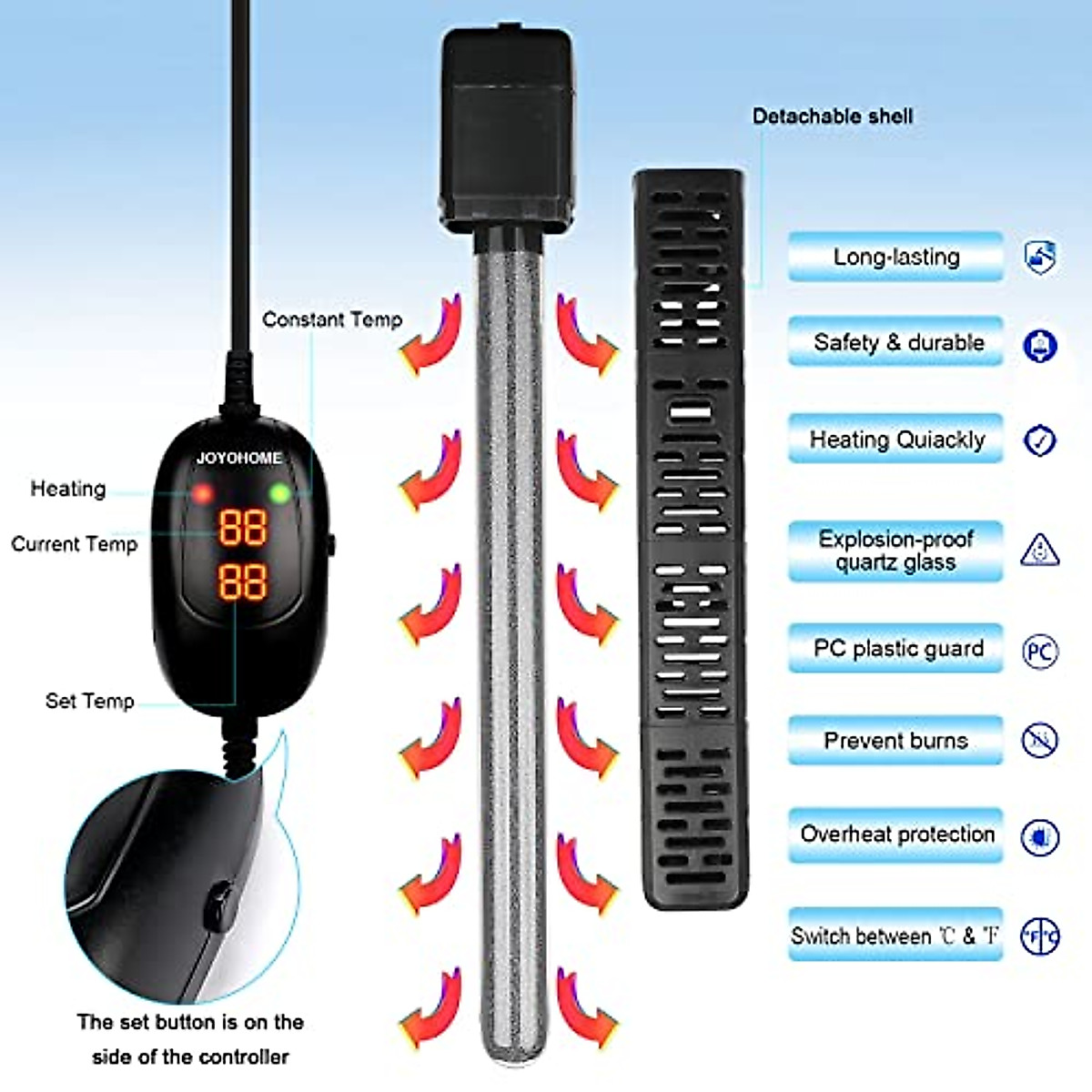 JOYOHOME Aquarium Heater, 500W Fish Tank Thermostat Heater with Dual LED Temp Controller Suitable for Marine Saltwater and Freshwater