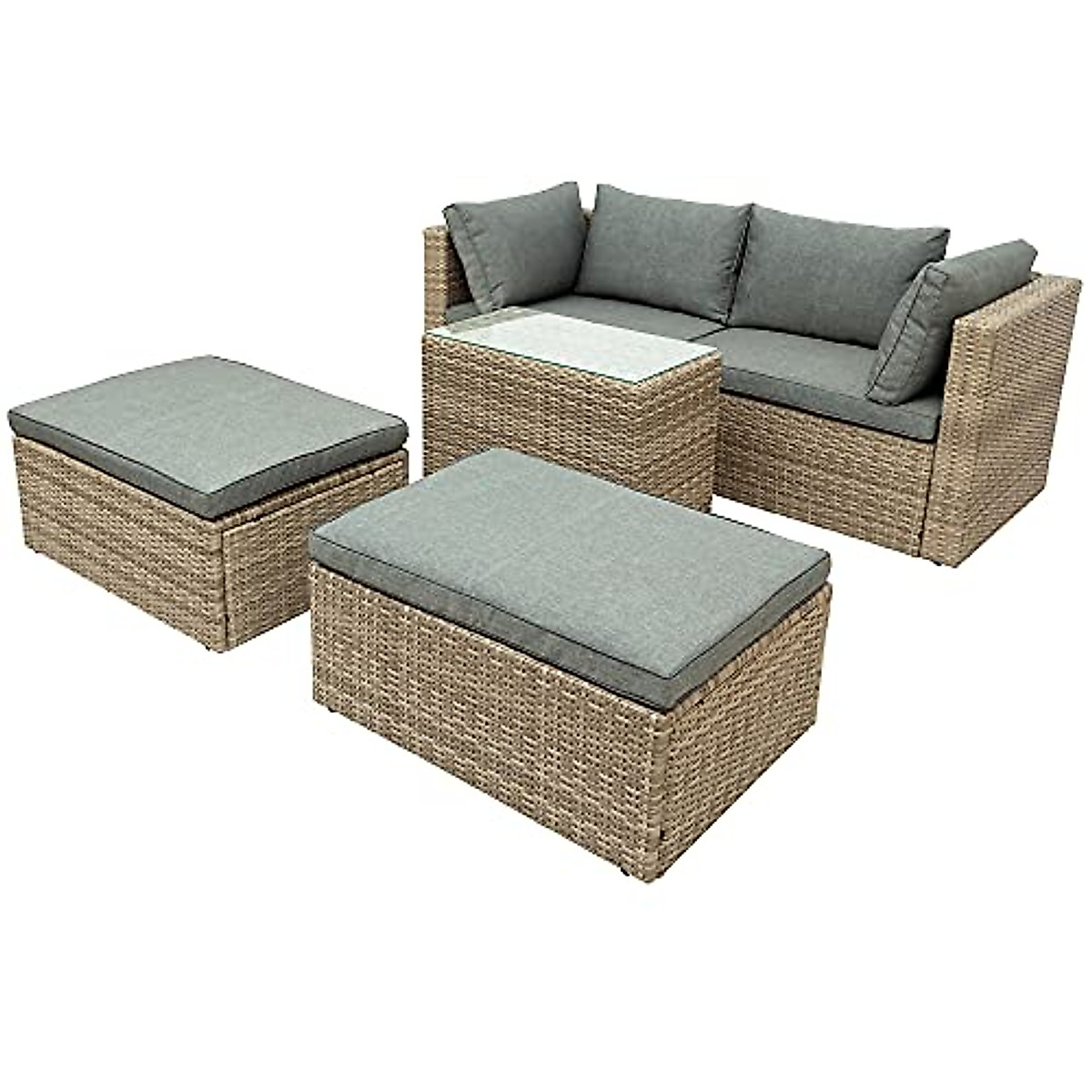 SAWQF Outdoor Patio Furniture 5-Pcs Set Wicker Rattan Sectional Sofa Set 2 Corner Chair+1 Tea Table+2 Ottoman Brown&Gray