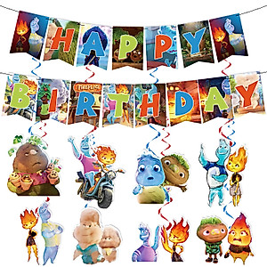 Elemental Birthday Banner and Hanging Swirls Decorations, Elemental Birthday Party Supplies Elemental Party Decorations Animation Elemental Birthday Decorations for Boys and Girls