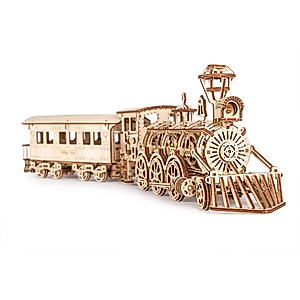 Wood Trick Wooden Toy Train Set with Railway - 34x7″ - Locomotive Train Toy Mechanical Model Kit - 3D Wooden Puzzles for Adults and Kids to Build - Engineering DIY Wooden Models for Adults to Build