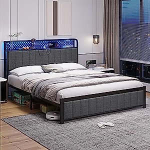 BTHFST Queen LED Bed Frame with Storage Headboard, Upholstered Metal Platform Bed Frame with USB Ports & Charging Outlets, No Squeak, Verticle Channel Tufting, Dark Gray