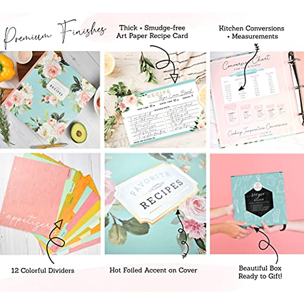 Recipe Binder 3 Ring Organizer Blank Recipe Book 8.5" x 9.5" with 50 Blank Recipes Cards (4x6); Dividers and Page Protectors; Recipe Book to Write in Your own Recipes