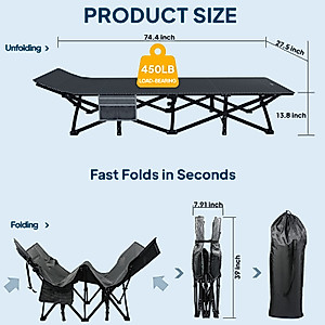 Hejiko Camping Cots for Adults, Lightweight Sleeping Bed Cot with Removable Mattress, Portable Folding Cot with Carry Bag for Travel Outdoor Office, Patio Supports 450 LB, Item Weigh 13.15LB