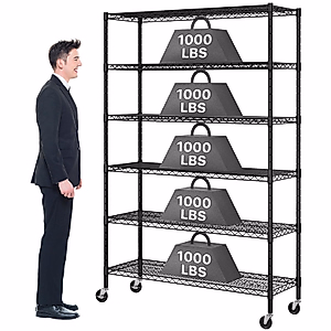 Dkeli Metal Shelves Garage Shelving Wire Shelving Unit with Wheels, 6000lbs Weight Capacity Heavy Duty NSF Height Adjustable Storage Shelves 6 Tier Steel Commercial Grade Wire Rack, Black