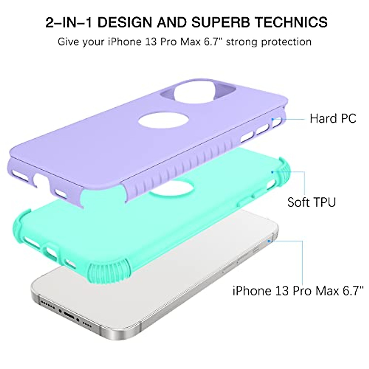 BENTOBEN iPhone 13 Pro Max Case, Phone Case iPhone 13 ProMax 6.7, Heavy Duty 2 in 1 Full Body Rugged Shockproof Protection Hybrid Hard PC Bumper Drop Protective Girls Women Boys Men Cover, Purple/Mint