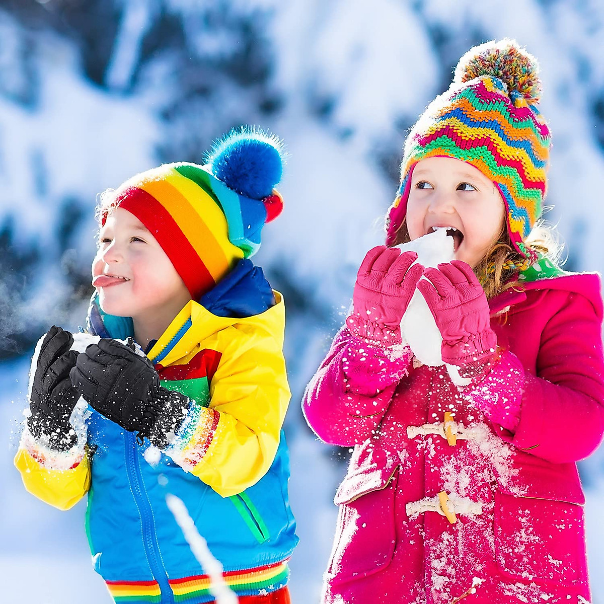 2 Pairs Kids Winter Ski Gloves Waterproof Warm Snow Mittens Full Finger Gloves for Toddlers Infants (Black, Rose Red, 3-6 Years)