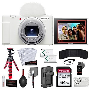 Sony ZV-1 II Digital Camera | White Bundled with Extra NP-BX1 Battery + 12" Tripod + Battery Charger + 64GB Memory Card + Microfiber Cleaning Cloth + Photo Starter Kit (11 Pieces) (7 Items)