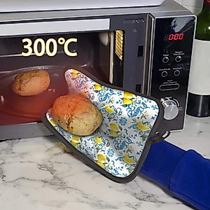 Jndtueit Lemon Non Slip Heat Resistant Hot Pot Holder 2Set, Yellow Fruit Quilted Liner 9.6*7.4 Inches with Hanging Loop with Pocket, Blue Leaf Potholder for Cooking & Baking