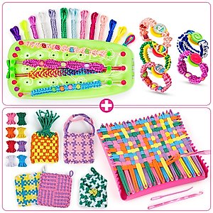 PREBOX Girls Crafts with 1 Potholder Loom Weaving Kit & 1 Friendship Bracelet Making Kit, Christmas Birthday Gifts for Girls Age 6 7 8 9 10 11 12 Year Old