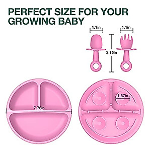 Baby Suction Plate with Self-Feeding Spoon Fork - BPA Free Infant Newborn Utensil Set for Self-Training, Suction Plates for Babies Toddlers, Dishwasher Microwave Safe (Pink)