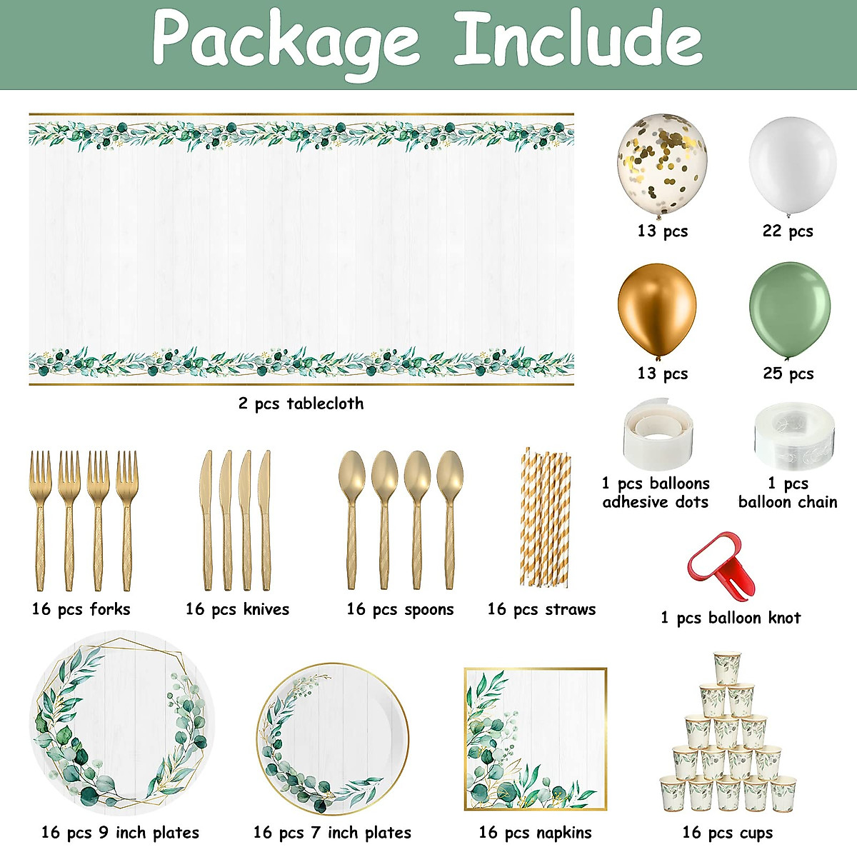 Eucalyptus Party Supplies Sage Greenery Plates and Napkins Green Leaf Tablecloth Balloons Gold Leaf Jungle Theme Boho Party Supplies for 16 Guests Tableware Bridal Wedding Decorations