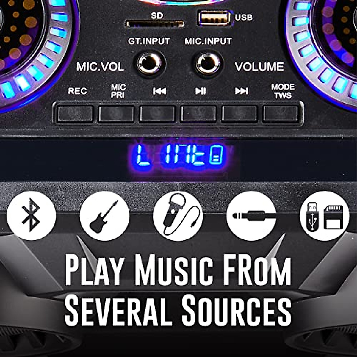 QFX PBX-1212 Bluetooth Rechargeable Dual 12” Woofer with 1” Tweeter Speaker System with Microphone Input, Guitar Input, Aux Input, USB Port, SD Card Port, TWS, Recording, FM Radio, LED Party Lights