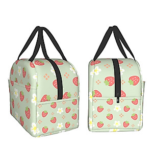 Ucsaxue Green Strawberry and Flowers Lunch Bag Small Insulated Lunch Box with Front Pocket Aesthetic Lunch Bags for Girls Boys Freezable Bento Box Women Men Lunch Boxes