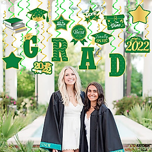 46 Pieces, XtraLarge Graduation Hanging Decorations - No DIY, Green Graduation Swirls | Glitter Congrats Grad Banner - 10 Feet | Green and Gold Graduation Decorations 2022 | Congratulations Banner
