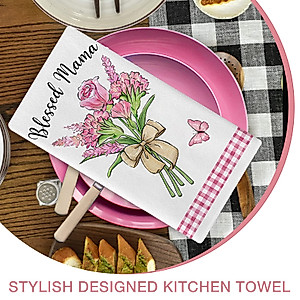 Seliem Mother's Day Truck Flower Kitchen Dish Towel Set of 2, Best Mom Ever Carnation Rose Bouquet Hand Towel Buffalo Plaid Drying Baking Cooking Cloth, Blessed Mama Holiday Kitchen Gift 18x26 Inches