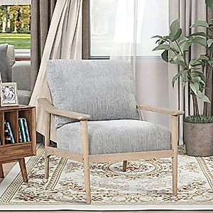 FIQHOME Mid Century Modern Solid Wood Frame,Arm Vertical Slatted Back,Thick Pad Upholstered Accent Chair for Living Room, Bedroom, Belcony,Natural