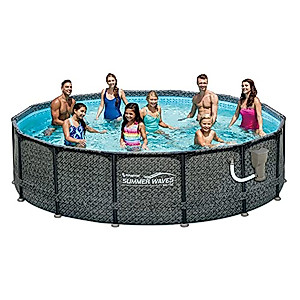 Summer Waves 14 Foot x 48 Inch Round Metal Frame Above Ground Outdoor Swimming Pool Set with Ladder, Skimmer Filter Pump, and Filter Cartridge
