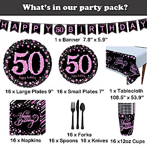 50th Birthday Pink Gold Party Supplies, Disposable Tableware for 16 Guest, Include 7” Paper Plates,9” Plates, Banner, 12 oz Cups, Napkins, Tablecloth, Cutlery…