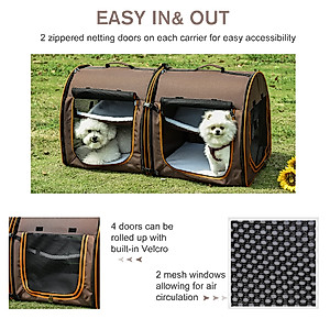 PawHut 39" Portable Soft-Sided Pet Cat Carrier with Divider, Two Compartments, Soft Cushions, & Storage Bag, Brown