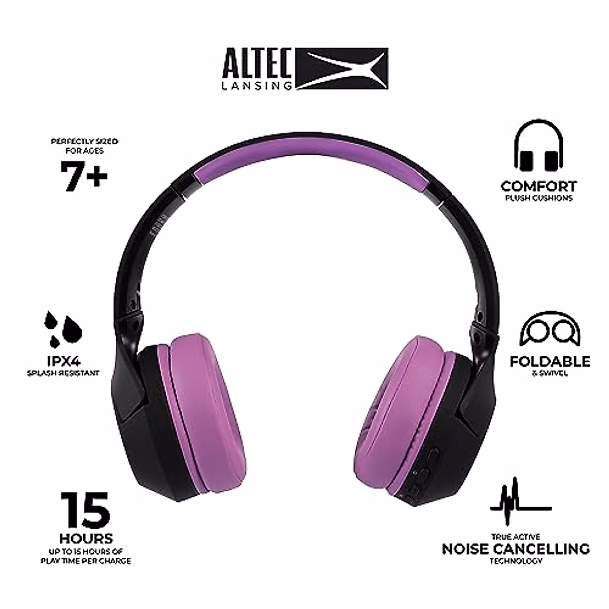 Altec Lansing Kid Safe Noise Cancelling Wireless Headphones 15H Battery, 85dB Volume Limit, Foldable Design Powerful Sound, Active Noise Cancellation Perfect for Kids Ages 7+ (Blackout Purple)