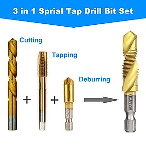 Drill Tap Set, Valkynos 6 Packs Titanium Plated Combination Taps Drill Bit Set, M3 M4 M5 M6 M8 M10 Hex Shank HSS Screw Thread Metric Compound Tap Drill Bits Metal Drilling