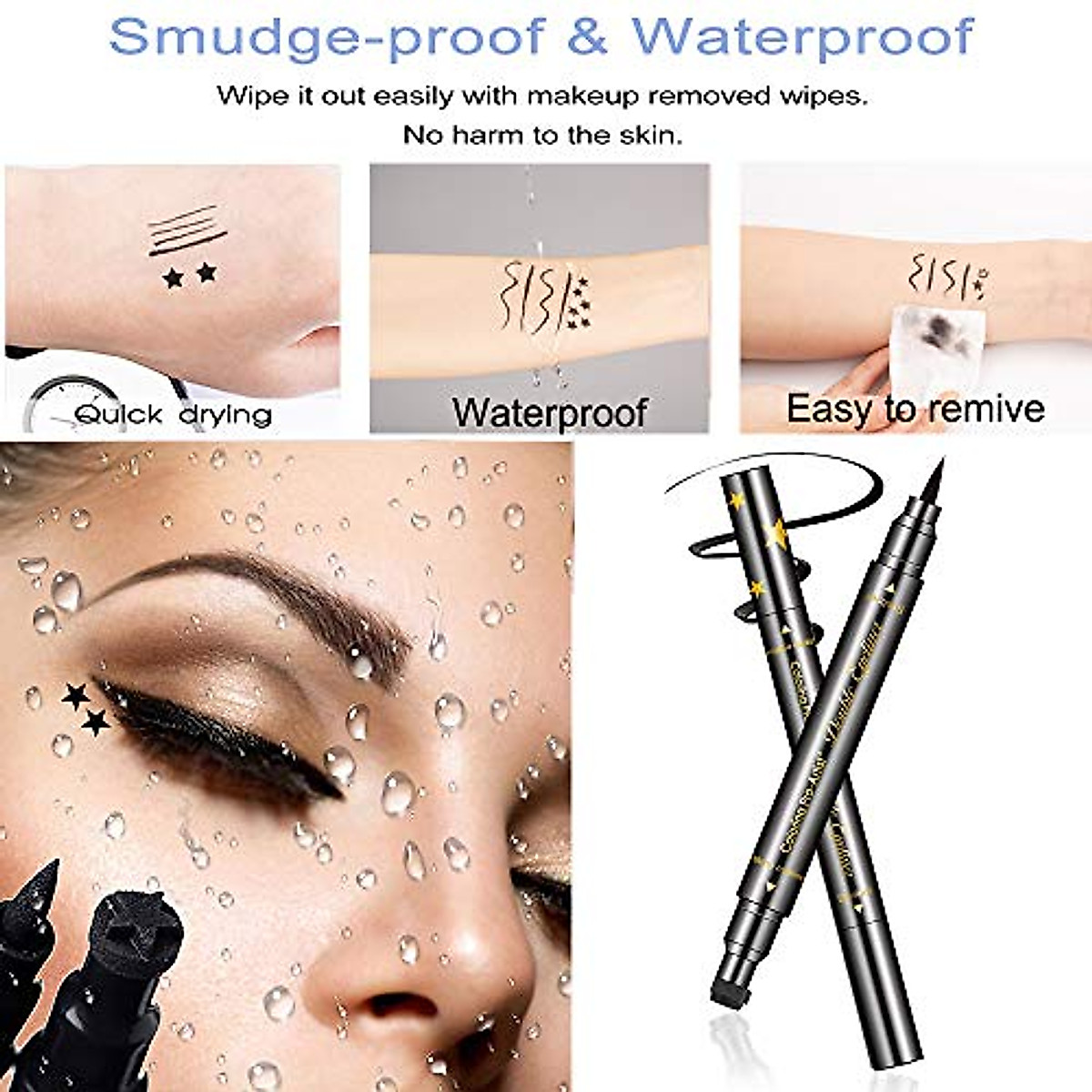 4 Styles/Set Pen Eyeliner Stamp Wing Liner, Waterproof, Double Sided & Long Lasting Eye Pencil , (Heart/Moon/Star /Flowers )Shape Stamp Pen, Super Slim Gel Felt Tip High Black Pigment (4PCS)