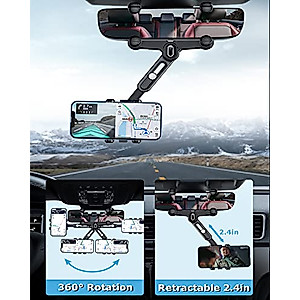 ANIELOE Car Rearview Mirror Phone Holder,Upgraded 4-Clip Rotatable and Retractable Car Phone Mount,360°Swivel View Rotating Cell Phone Holder for Car