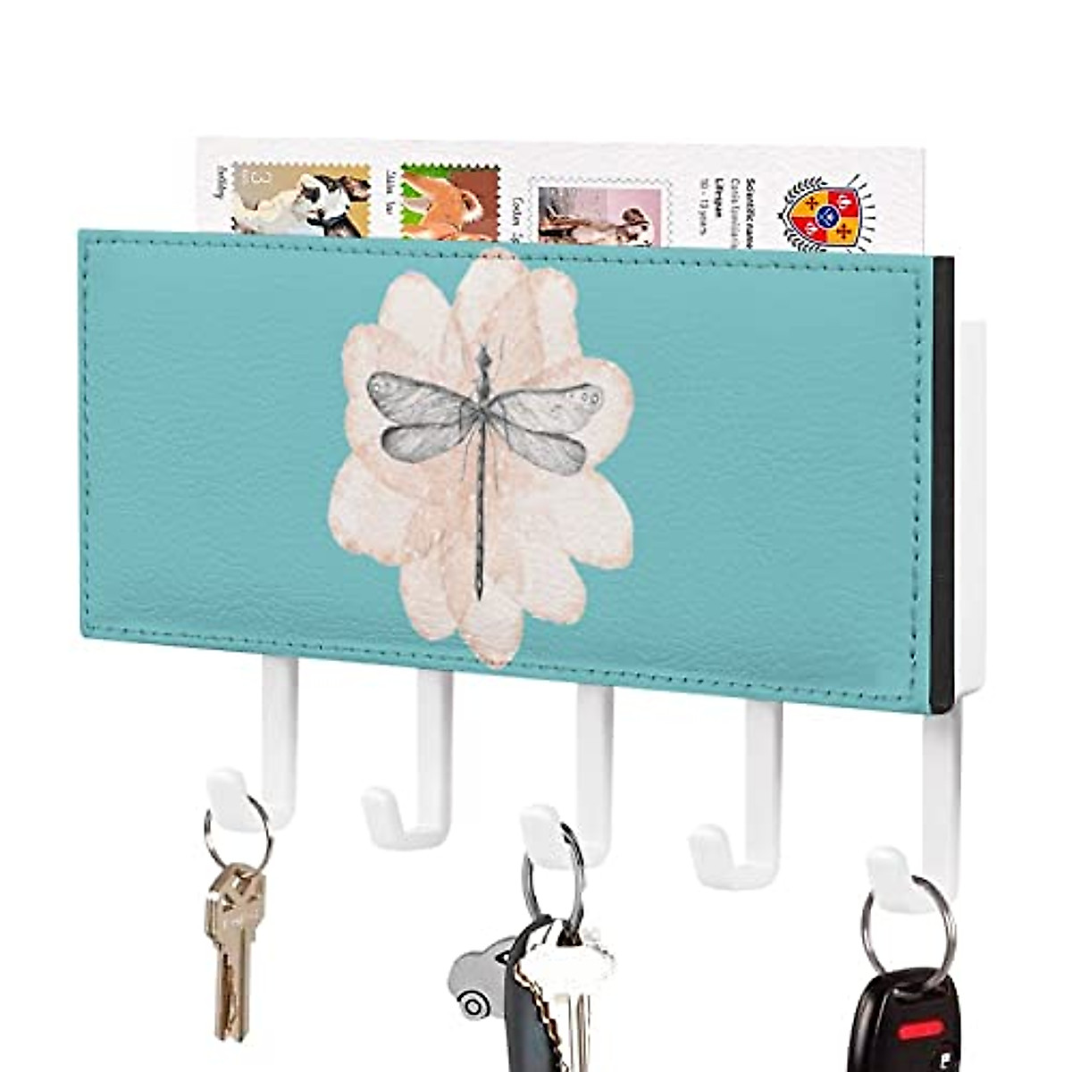 Dragonfly Pink Flower PU Leather Wall Mounted Key Hook Organizer Hanging Key Holder Decoration