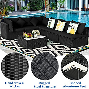 COSTWAY 7 Pieces Patio Furniture Set, Outdoor Rattan Conversation Set with 6 Seats, Coffee Tea Table, Soft Cushions, Wicker Patio Sectional Sofa for Garden Balcony Porch Poolside, Black
