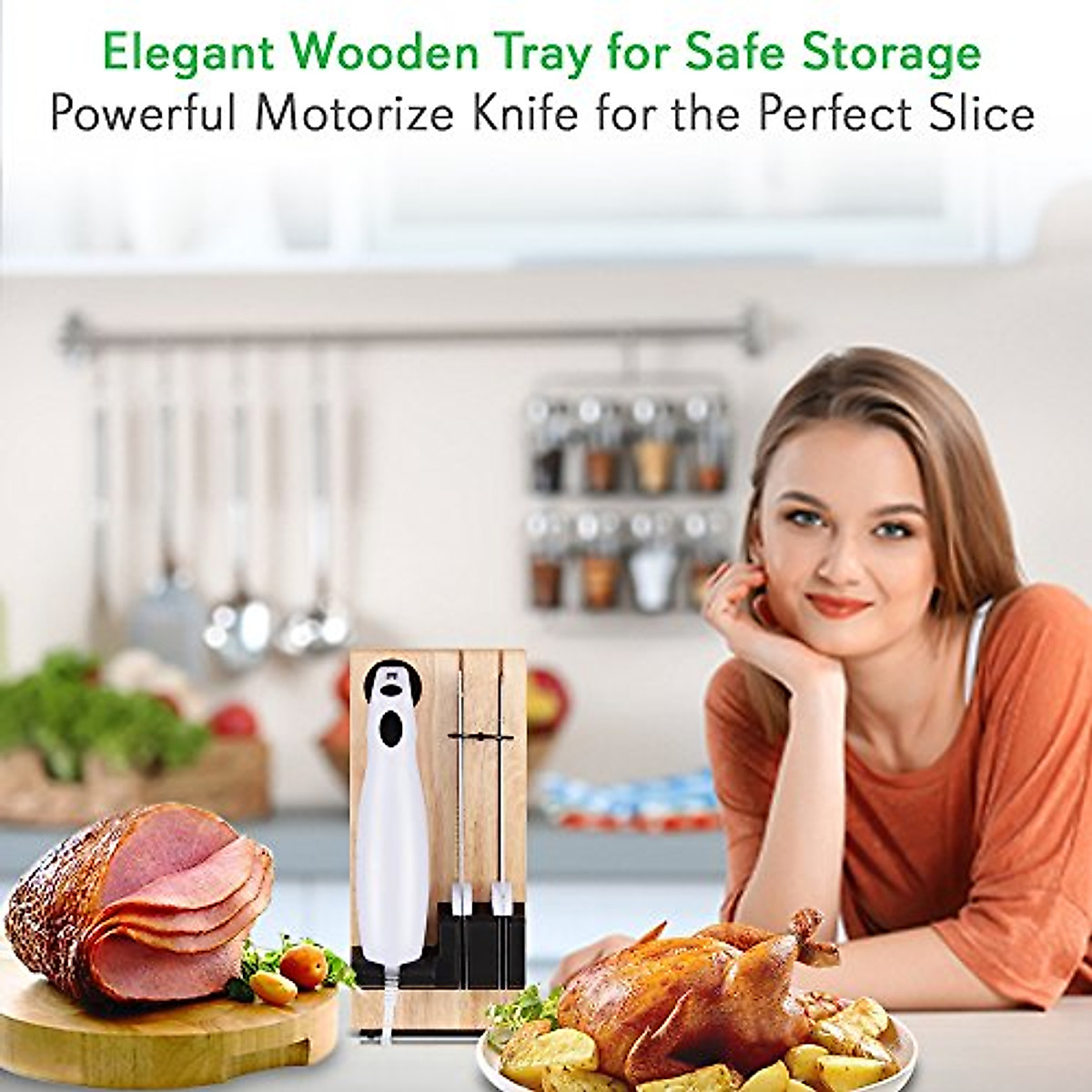 NutriChef Electric Carving Slicer Kitchen Knife - Portable Electrical Food Cutter Knife Set with Bread and Carving Blades, Wood Stand, For Meat, Turkey, Bread, Cheese, Vegetable, Fruit PKELKN16