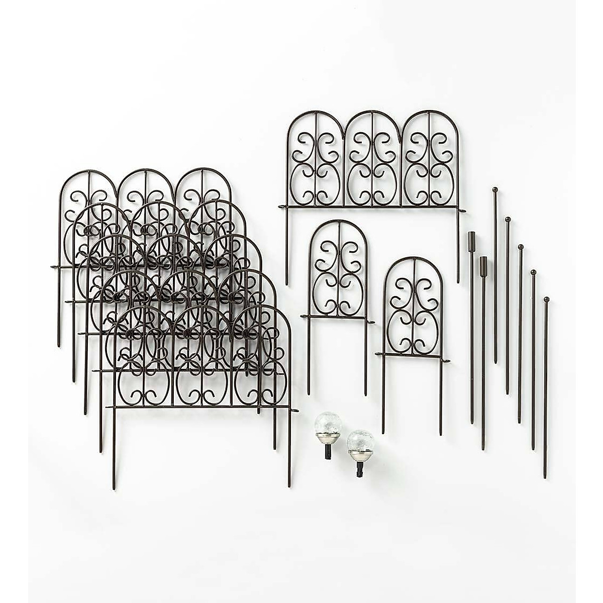 Plow & Hearth Montebello Decorative Metal Garden Edging with Crackle Glass Solar Lights, Outdoor Lighting Solutions, Six 18" L x 18" H Sections and Two 6" L x 18" H Sections