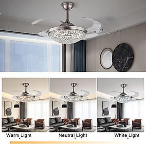 GDNTMU Ceiling Fan with Lights Remote Control 42 inch, Modern Ceiling Fan Chandelier Invisible 4 Retractable Blade with 3 Light Color Changes and 3 Speeds for Dining/Living Room Bedroom