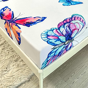 CVHOUSE Butterfly Fitted Sheet Queen Size,Butterfly Bedding Set,Colorful Butterfly Bed Sheet Set,1 Flat Sheet & 1 Fitted Sheet with 2 Pillow Cases - 4 Piece