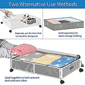 punemi Under Bed Storage With Wheels And Lid & Removable Bags, 1Pcs Rolling Underbed Storage & Handle, Metal Underbed Storage Containers For Clothes Toys Blankets,Bedroom, Tool-Free Assembly，White
