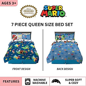 Franco Super Mario Bros. Kids Bedding Super Soft Comforter and Sheet Set with Sham, 7 Piece Queen Size, (Official Licensed Product)