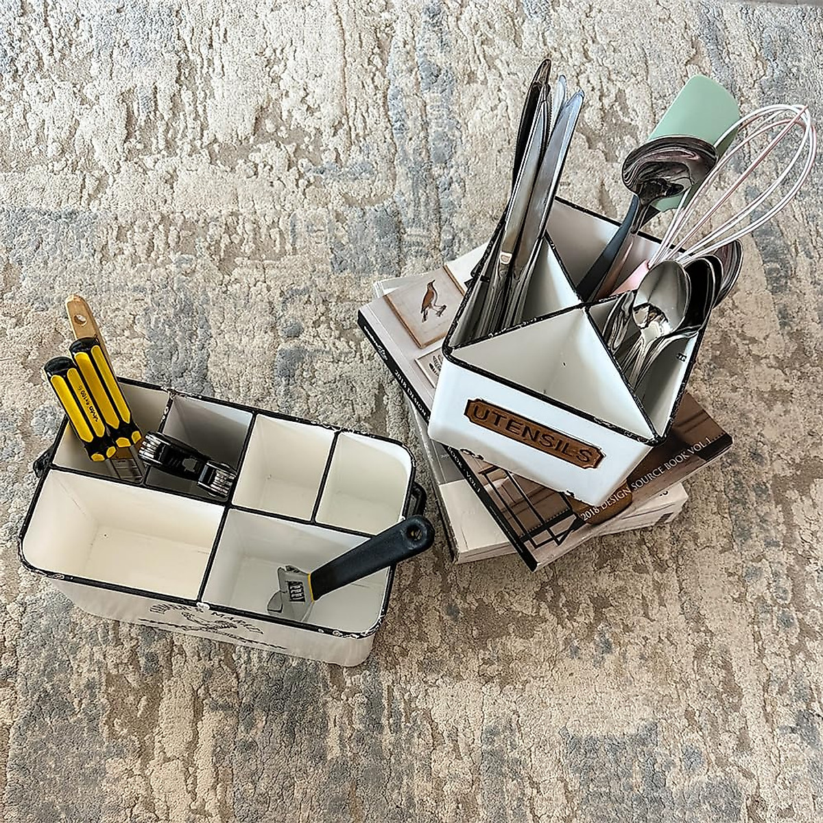 Distressed White, Portable Versatile Metal Storage Caddy Organizer with 6 Compartments & Handle - Perfect for Organizing Kitchen Utensils, Office Supplies, Bathroom Essentials & Bedroom Knick-Knacks