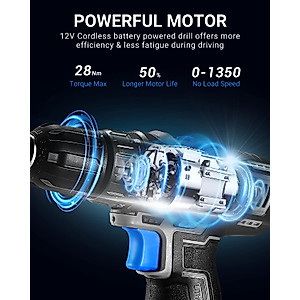 DEKOPRO Cordless Drill, 12V Rechargable Battery Electric Power Impact Drill Driver Set for Home