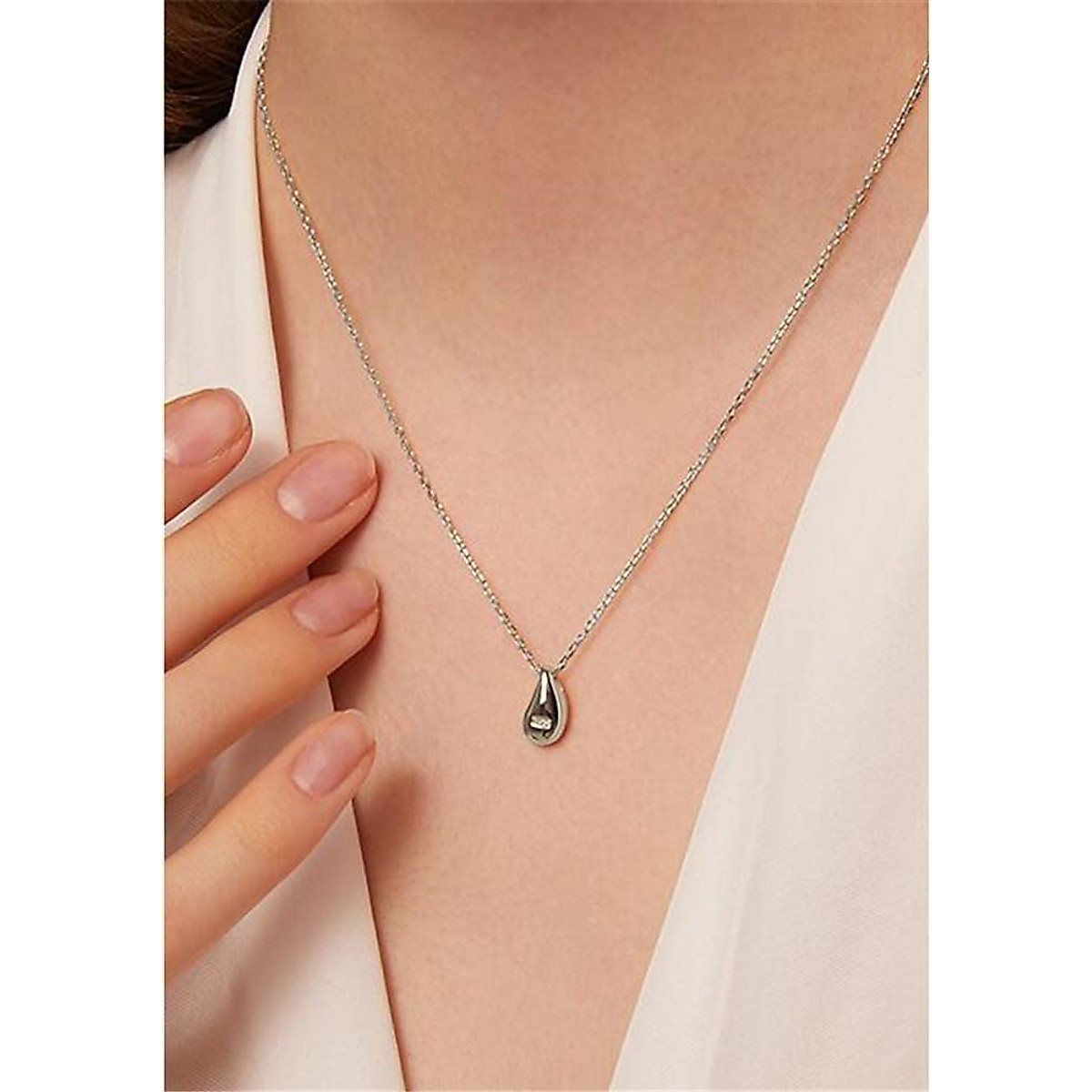 Tiny Teardrop Necklace for Women Girls Sterling Silver Minimalist Simple Oval Bead Beans Pear Shape Pendant Choker BFF Necklace Fashion Adjustable Chain 18" Jewelry Wedding Birthday Gift (Silver)