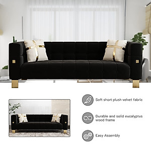 Hommoo Mid Century Modern Sofa for Living Room Velvet Sofa Small Couch for Small Space Chesterfield Sofa Couch with Gold Legs for Apartment Bedroom Office with Pillows 89" Set of 2 Black