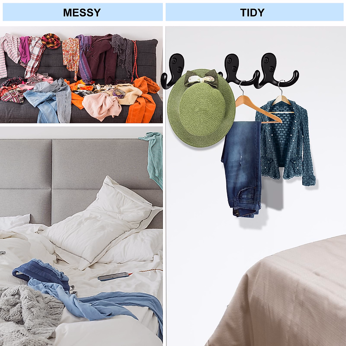 Kruodop 4 Pack Wall Hooks Wall Mounted Coat Hooks for Hanging Heavy Duty, Black Towel Hooks, Metal Double Coat Hanger with Screws Cup Retro for Coats, Handbags, Towels, Hat