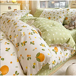 Generic 100% Cotton Duvet Cover and 2pc Pillowcases Twin Queen King Full Size Orange Fruit Print Bed Linen Bedding Home Textile with Zipper Closure and 4 Tiers (King), Green