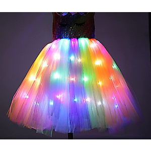 Viyorshop Girls Unicorn Costume LED Light Up Tutu Dress Up Birthday Gifts Princess Dress for Halloween Party(Rainbow Sequins, 7-8 Years)