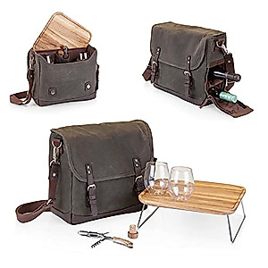 LEGACY - a Picnic Time Brand Adventure Wine Tote Glasses and Mini Table, 2 Bottle Picnic Bag, (Khaki Green with Brown Accents)