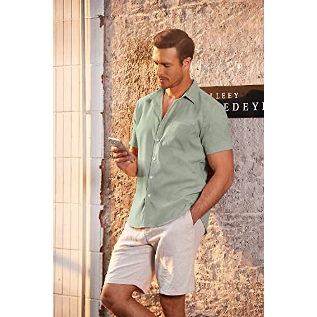COOFANDY Mens Shirt Casual Corduroy Button Up Summer Beach Wear, Light Green, XX-Large, Short Sleeve